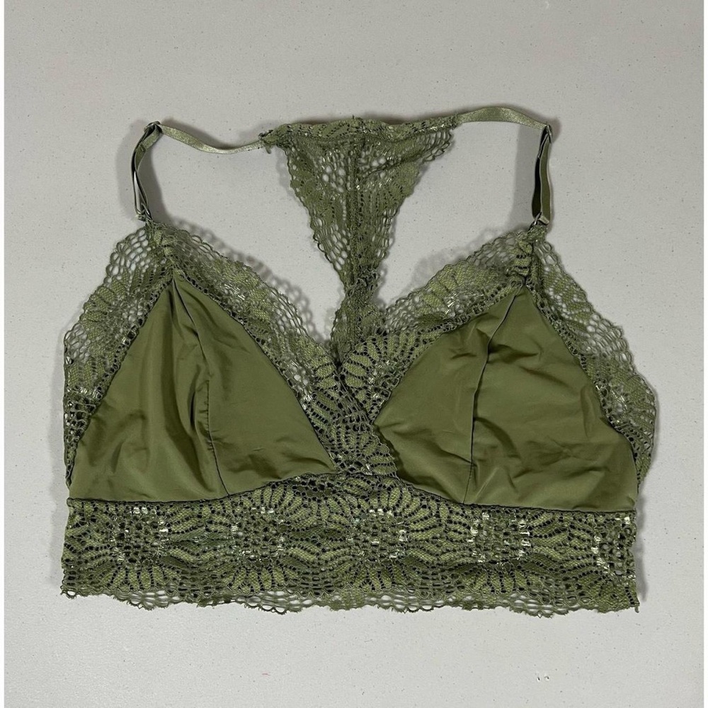 Olive Green Floral Lace Racerback Triangle Bra Bralet… - Gem